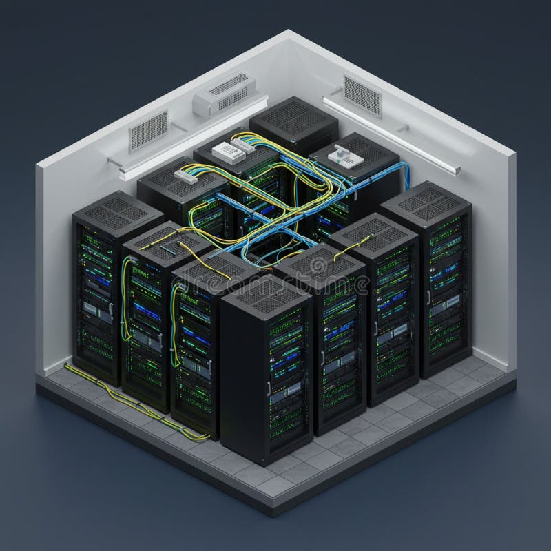 Server Room with Eight Black Server Racks, Neatly Arranged on a Gray ...