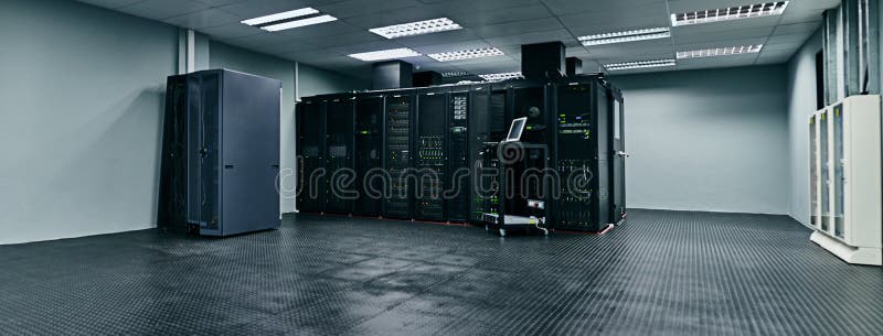 Server Room Empty Or Data Center For Internet Connection Computing Network Or Cyber Security