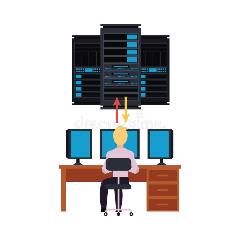 Server Room and it Engineer Working Pc Illustration with Data Center ...