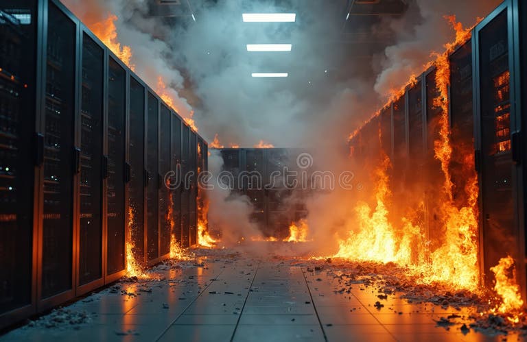 Server Room Engulfed Flames, Dense Smoke. Burning Server Racks Causing ...