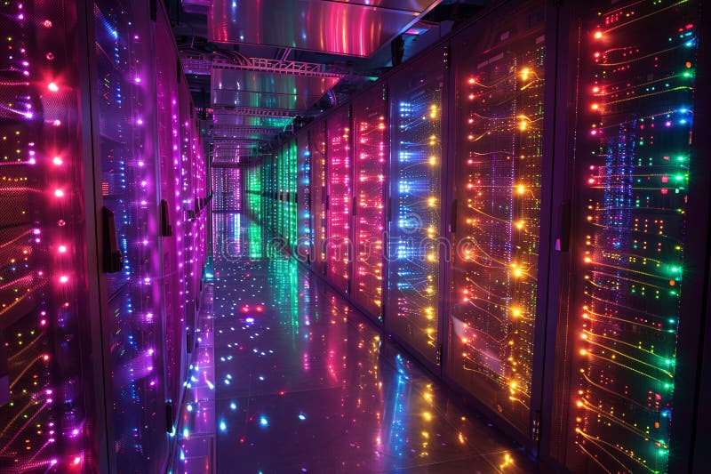 Vibrant Server Room with Glowing Fiber Optic Cables Illuminating the ... Vibrant Server Room with Glowing Fiber Optic Cables Illuminating the ...