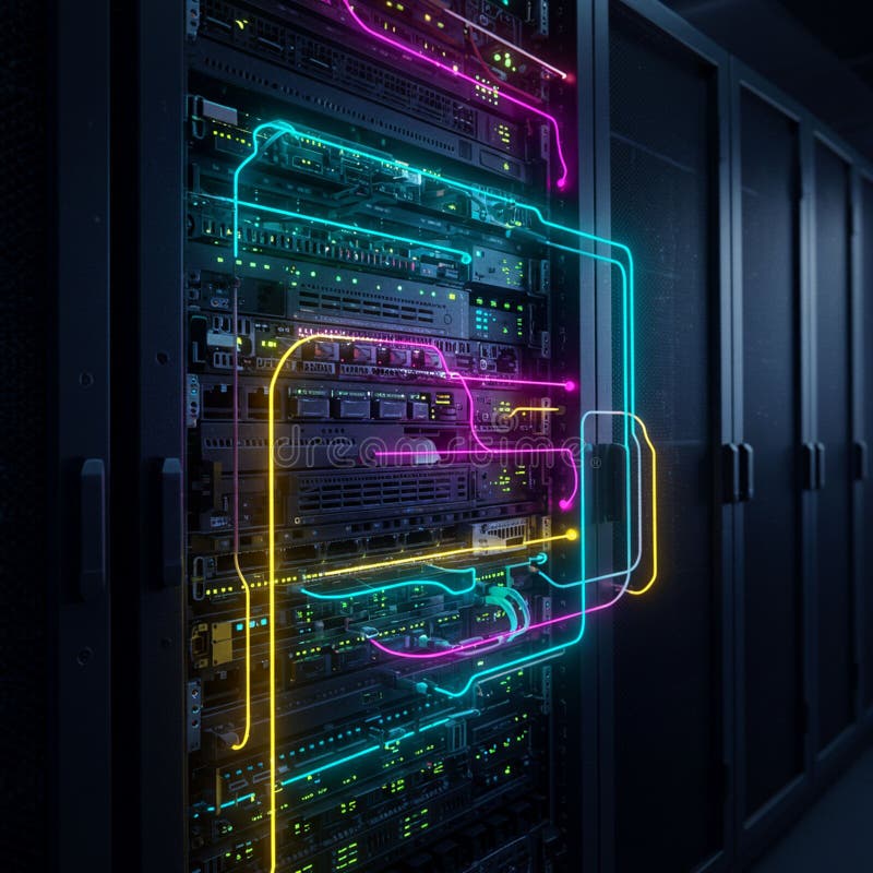 A Server Room Features Rows of Vertical Racks with Network Equipment ...