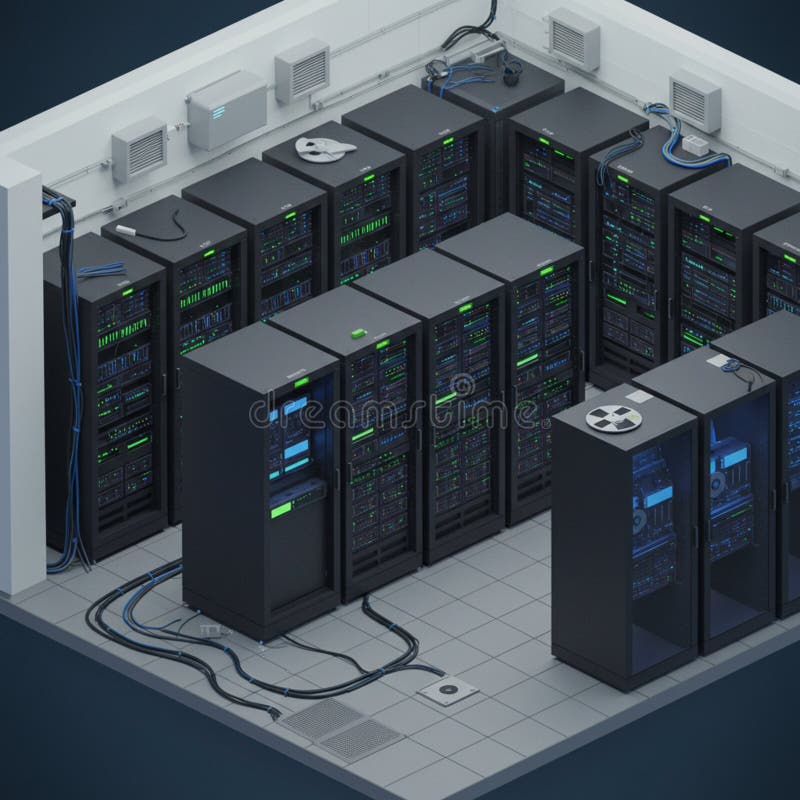 A Server Room Featuring Multiple Rows of Black Server Racks Arranged on ...