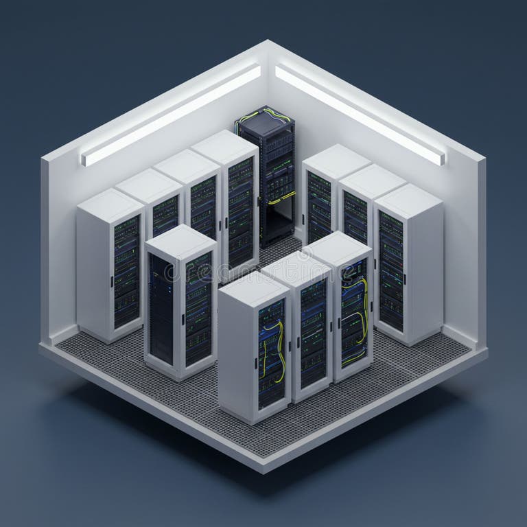 Server Room Featuring Multiple White Server Racks Arranged in a Compact ...