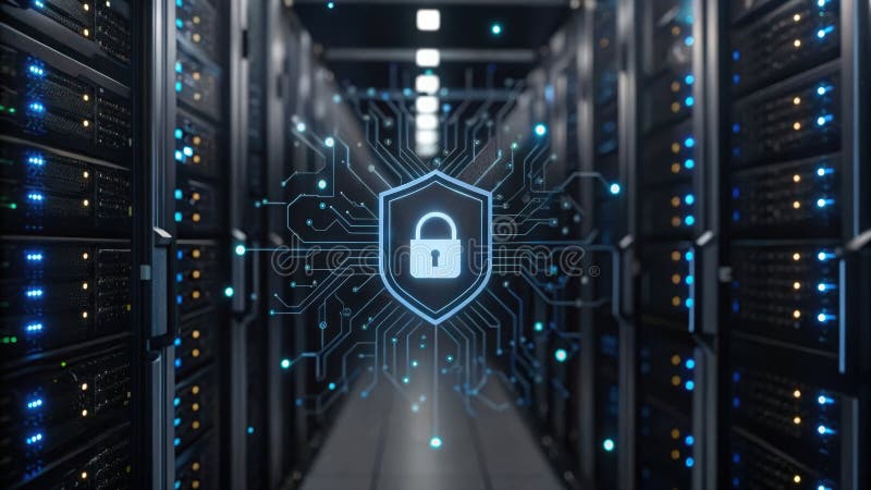 Server Room Featuring Padlock on Wall Symbolizing Security in Ai-driven ...