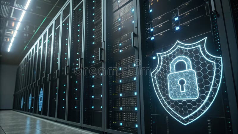 Server Room Featuring a Security Shield on the Wall Emphasizing ...