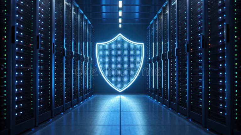 Server Room Featuring a Shield with High-tech Firewall Protection and ...