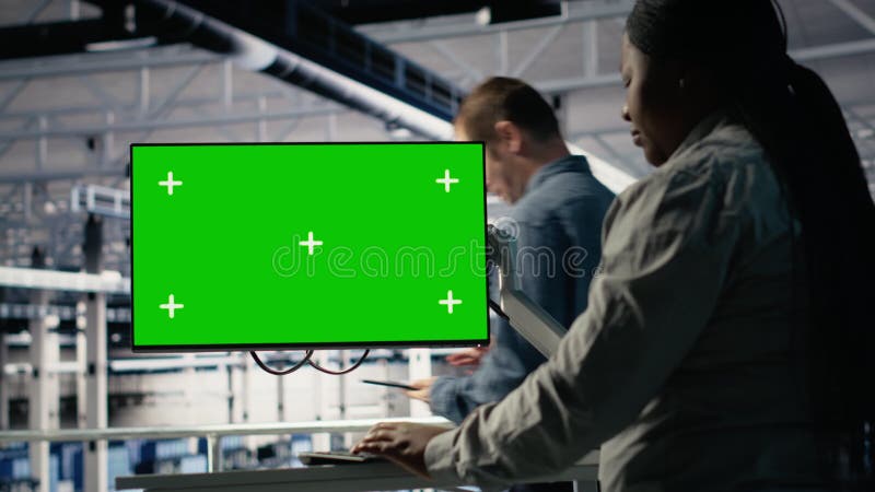 Server Room Female Programmer Using Green Screen Computer Stock Video ...