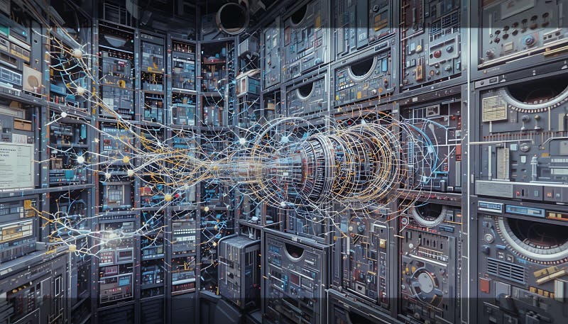 Complex Server Room with Interconnected Network Cables and Advanced ...