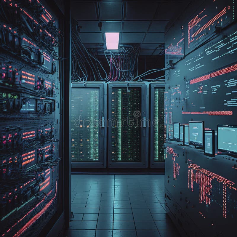 A Server Room Filled With Computer Monitors Displaying Complex Algorithms And Data Streams