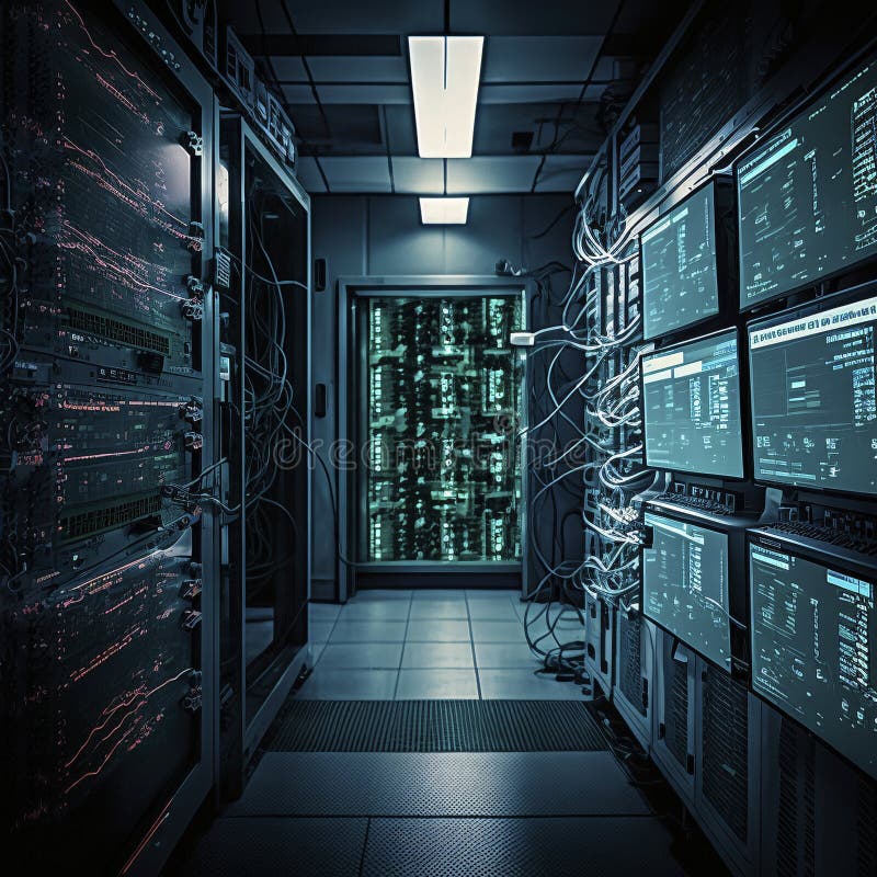 A Server Room, Filled with Computer Monitors Displaying Complex Algorithms and Data Streams ...