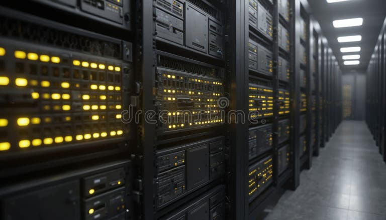 Server Room Filled with Rows of Computer Hardware. Racks of Servers ...