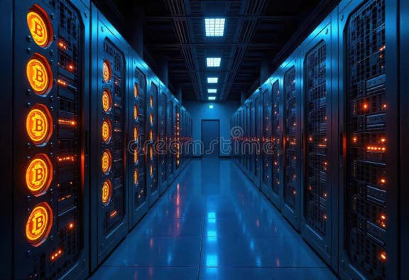 Cryptocurrency Mining Operation with Rows of Servers Stock Illustration ...