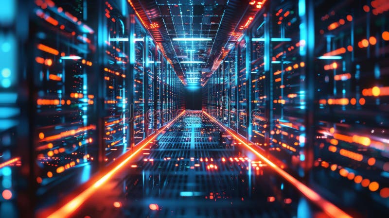 Server Room Illuminated by Neon Lights Stock Illustration ...