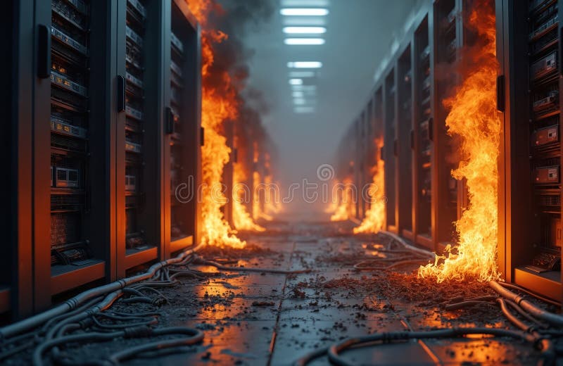 Server Room on Fire. Flames and Smoke from Burning Server Racks. Data ...
