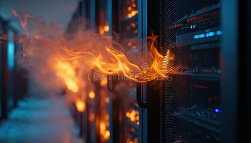 Server Room Fire Hazard with Flames, Smoke. Data Center Breakdown ...