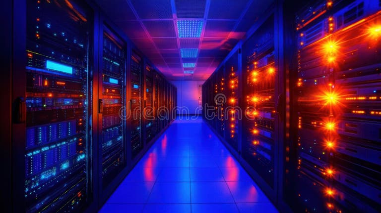 Server Room Glowing with Blue and Orange Lighting, Featuring High Tech Networking Hardware and ...