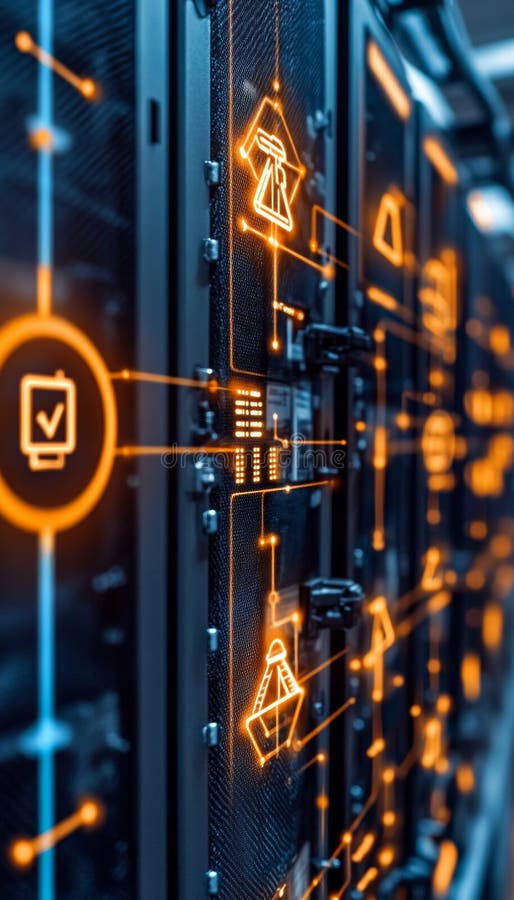 Server Room Glowing Blue and Orange Lights and Security Icons Data ...