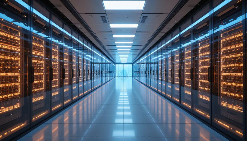 Server Room with Glowing Lights Stock Illustration - Illustration of ...