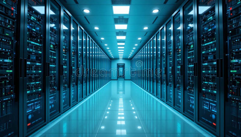 Server Room with Glowing Lights Stock Illustration - Illustration of ...