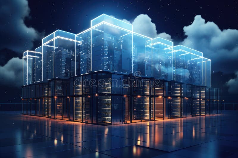 Server Room with Glowing Lights in the Night Sky. 3d Rendering, Backup ...