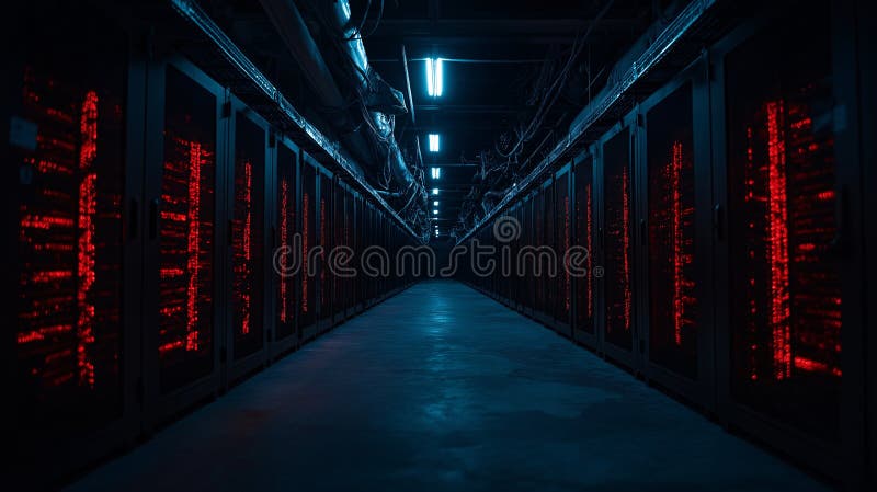 Server Room with Glowing Red Lights and Blue Floor. Data Center. Stock ...