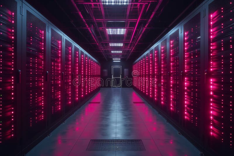 Server Room with Glowing Red Lights Stock Illustration - Illustration ...