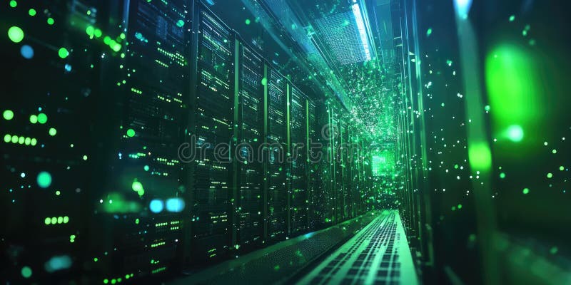 Server Room with Green Lights: Data Center and Network Equipment, Glowing Dots and Digital Flow ...