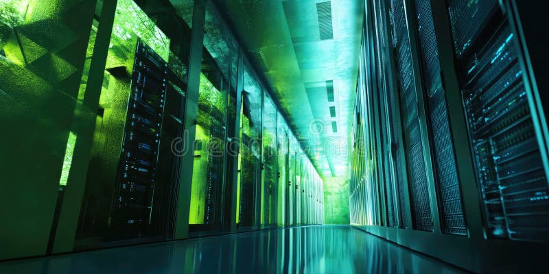 Server Room with Green Lights: Data Center and Network Equipment, Glowing Dots and Digital Flow ...