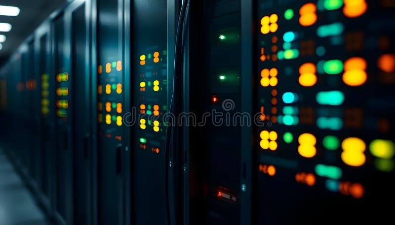 A Server Room Hallway Filled with Technological Machinery and Lights ...
