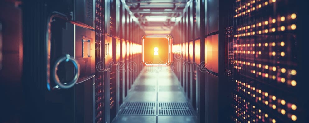 Server Room Hallway with Floating Lock Symbol, Concept of Secure Data ...