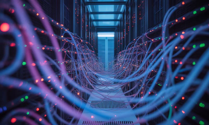 Server Room Hallway with Illuminated Cables and Network Racks Stock ...