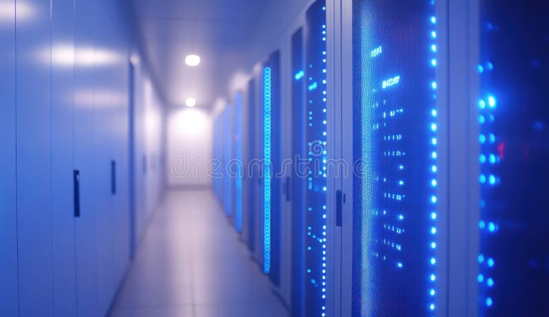Server Room Hallway Lit by Blue Lights Stock Illustration ...