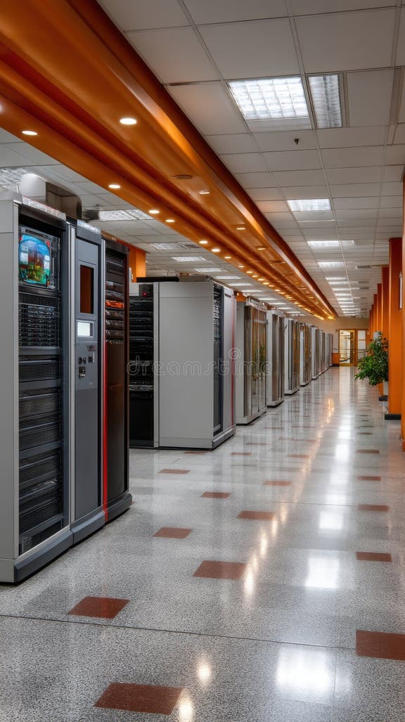 Server Room: Hallway View of a Row of Racks with Computer Systems, Data ...