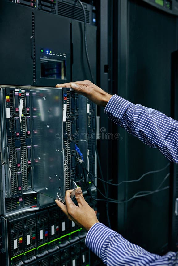 Server Room, Hardware or Hands of Technician Fixing Online ...