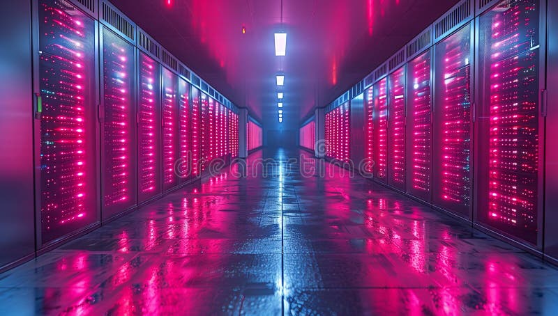 The Server Room Has a Futuristic Design with Pink Neon Lights, Showing ...