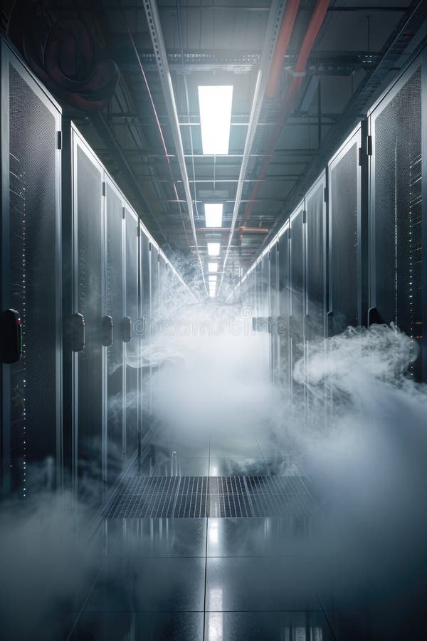 A Server Room with Heavy Smoke, Potential Fire Hazard. Ideal for Tech ...