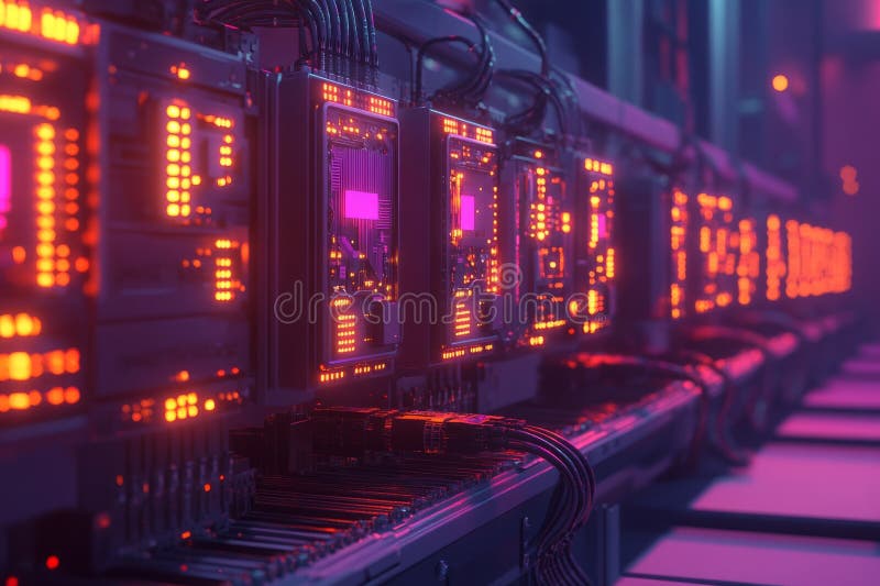 Server Room Hosting Many Powerful Processors Computing Data with Led ...