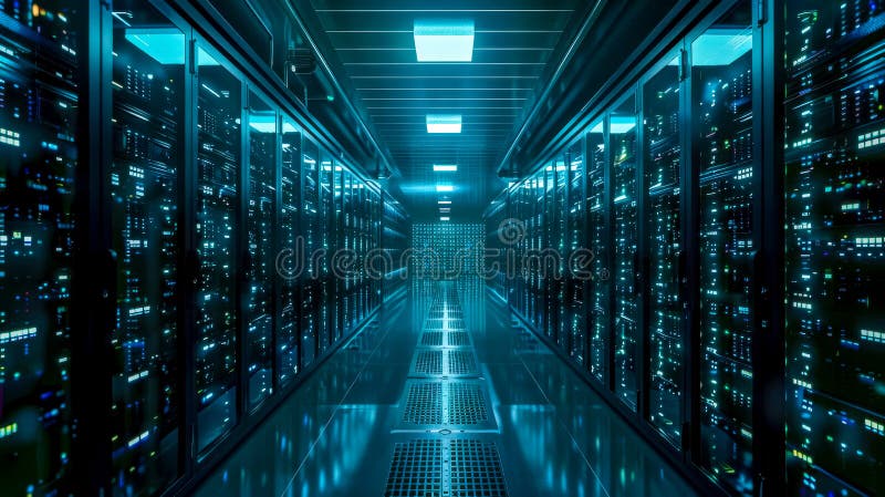 Server Room Hosting Powerful Hardware Equipment Operating with Lights ...