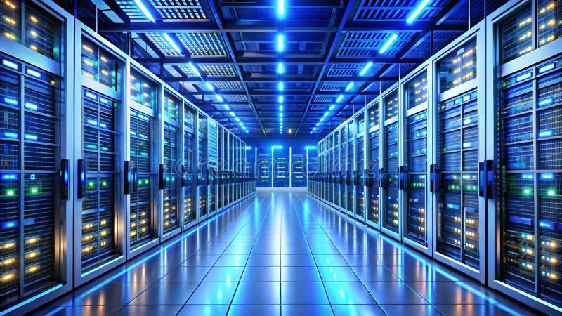 Server Room is Illuminated by Blue Lights, Featuring Rows of Towering ...