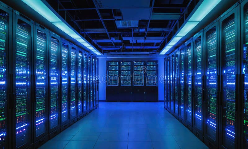 A Server Room Illuminated by Blue Lights, Filled with Rows of Server Racks Stock Photo - Image ...