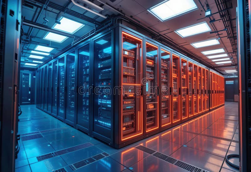 Server Room Illuminated by Blue and Orange Lights with Rows of Hardware ...