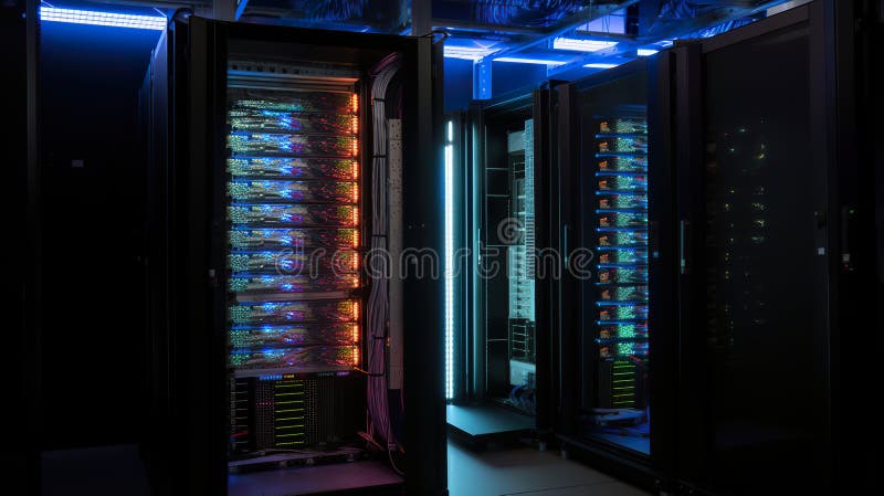 Server Room Illuminated by Glowing Lights and Indicators, AI Generative ...