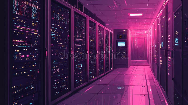Server Room Illuminated in Pink and Purple Neon Lights with Pixel Art ...