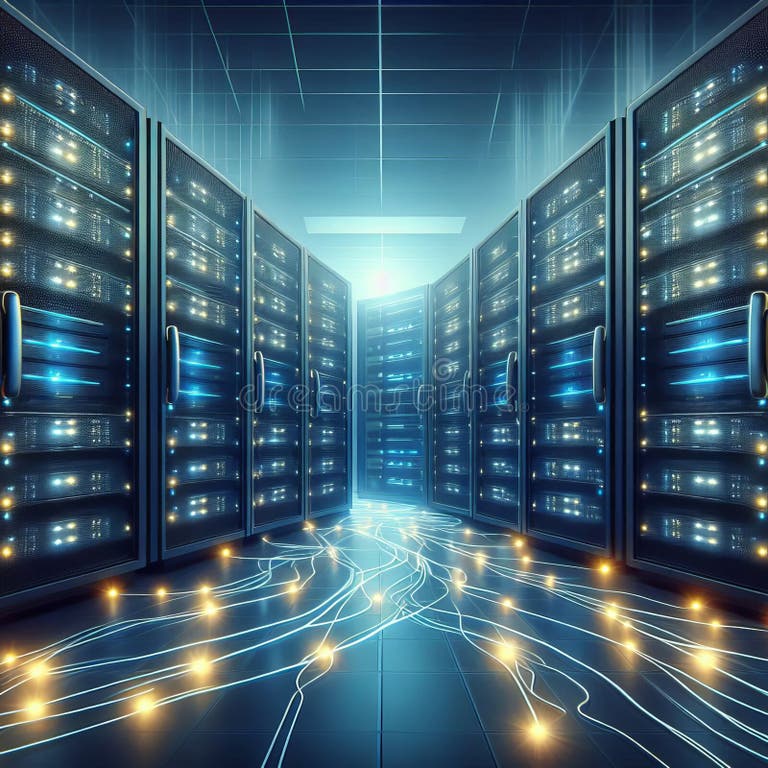 Server Room Illustration Rows of Servers with Glowing Lights Con Stock ...