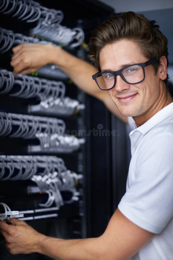Server Room, Information Technology and Man in Portrait for ...