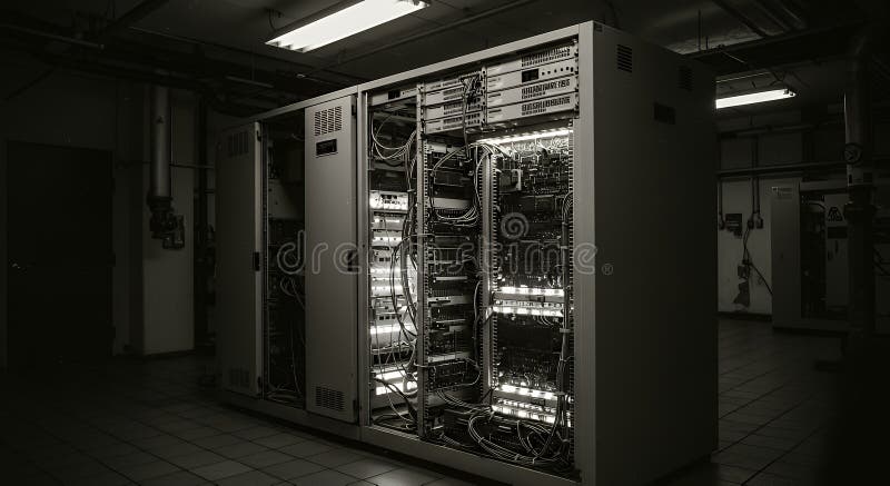 Server Room Infrastructure with Open Cabinets Illuminated in a Dimly ...