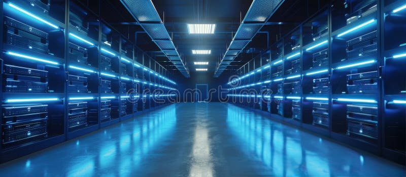 Illuminated Server Room with Blue Neon Lights and Data Racks Stock ...