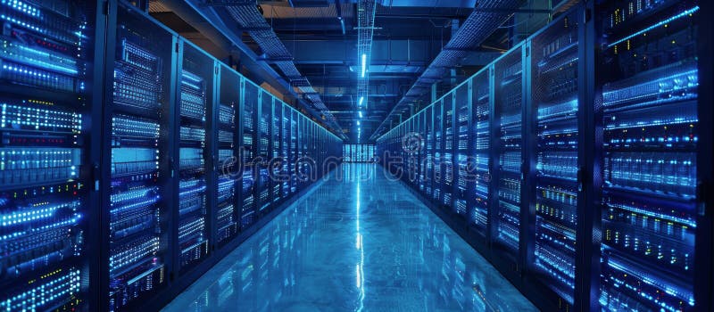 Illuminated Server Room with Blue Neon Lights and Data Racks Stock ...