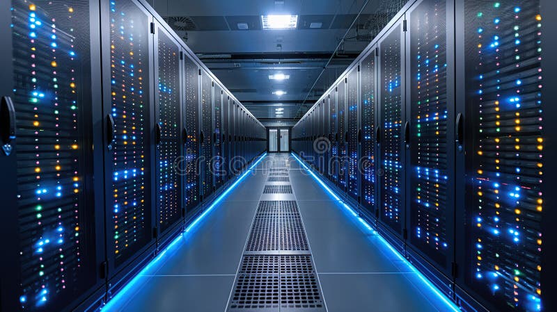 Server Room Interior with Blue Lights Stock Illustration - Illustration ...